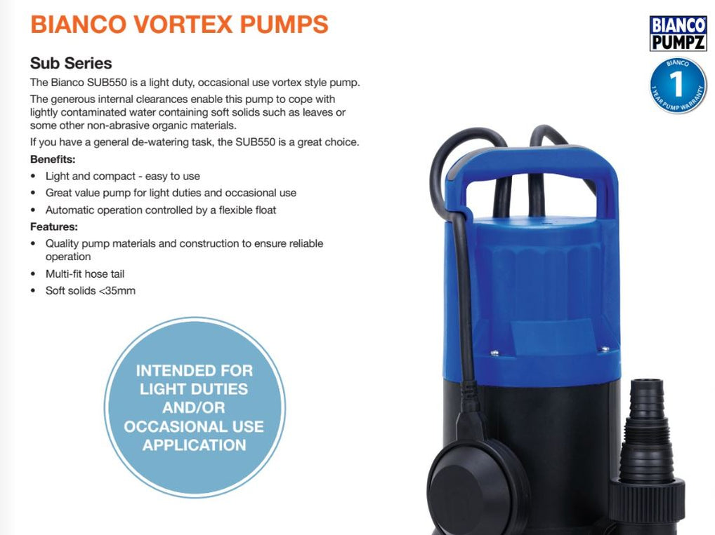 Bianco AUTOSUB550 Submersible Vortex Drainage Pump | Shop Online