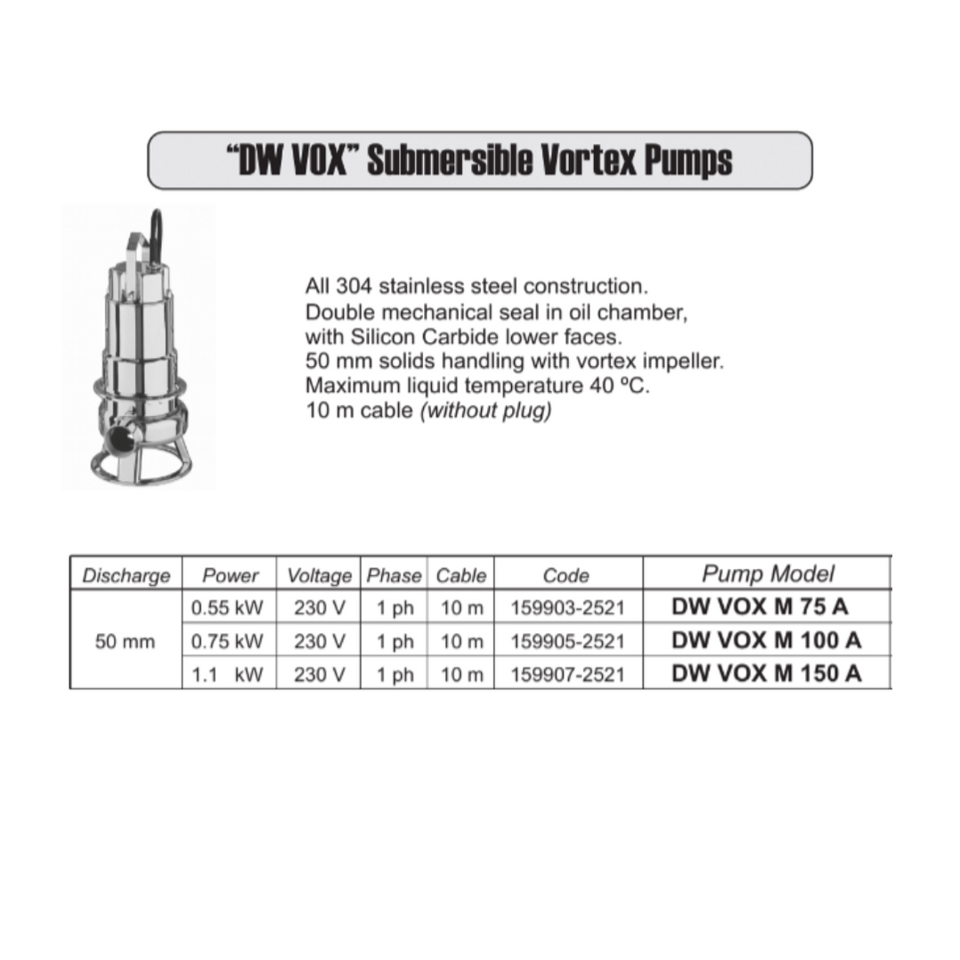 Ebara DW VOX M 240V Submersible Drainage Pump with Vortex Impeller & Float | Shop Online