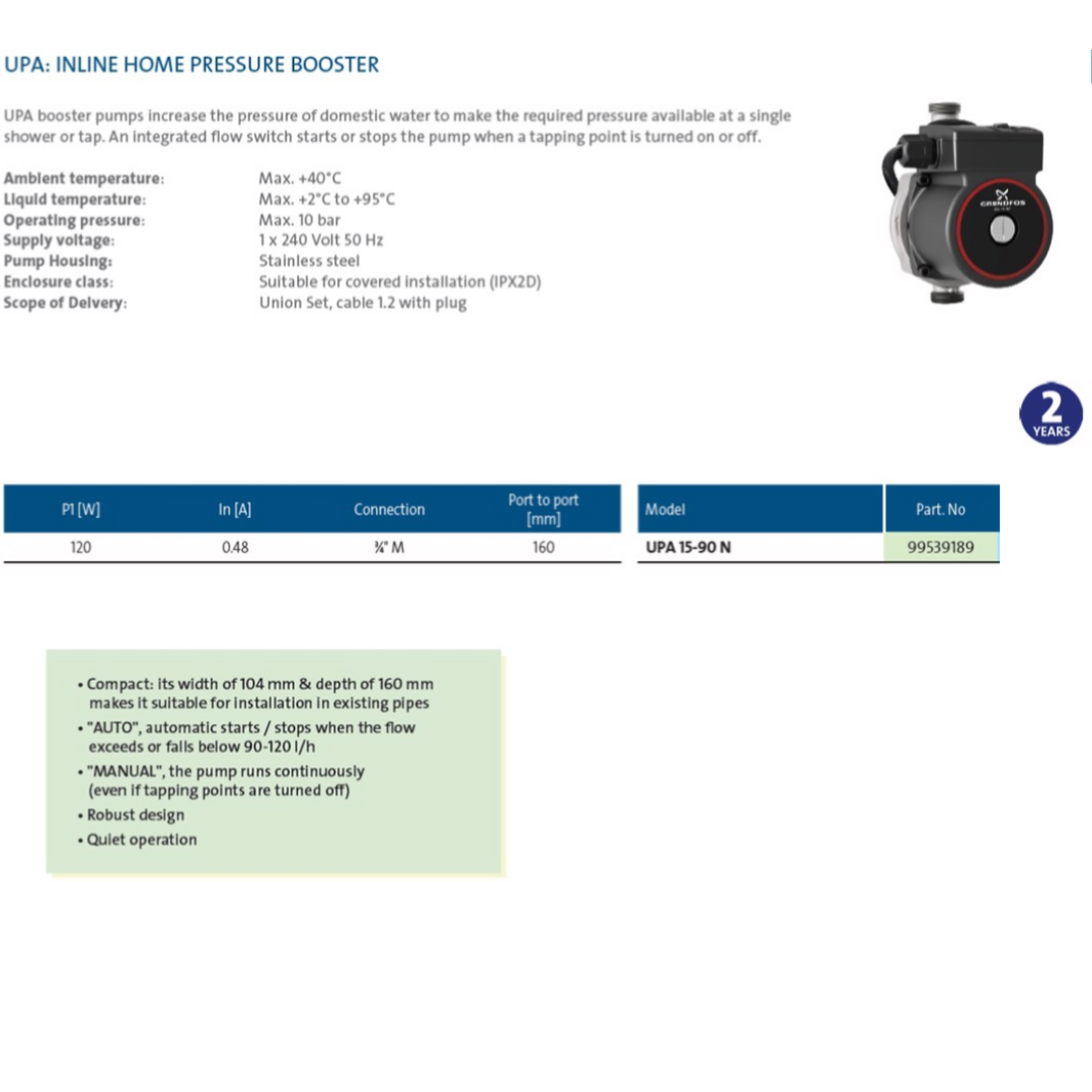 Grundfos UPA15-90N Hot Water Pressure Booster Pump