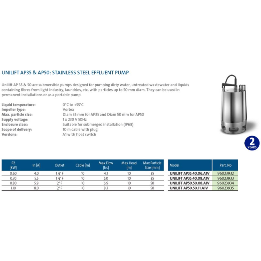 Grundfos Unilift AP35-40-08-AV1 Submersible Vortex Drainange Pump