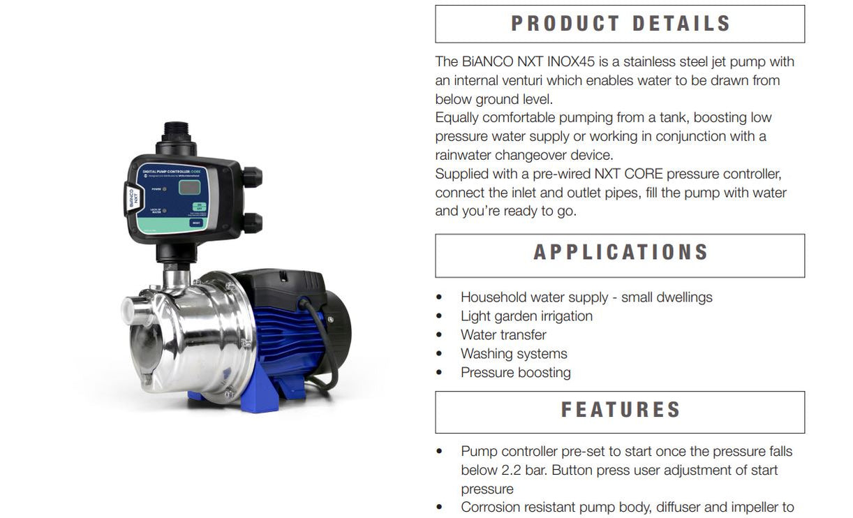 Bianco INOX40S2NXT Jet Pump with NXT Controller (58LPM/400kPa)