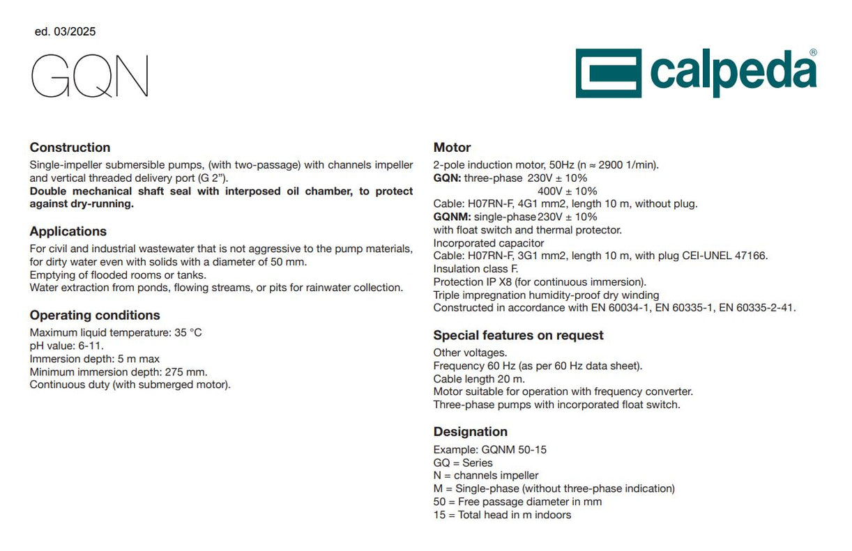 Calpeda GQN 50 415v Submersible Wastewater Drainage Pump | Shop Online