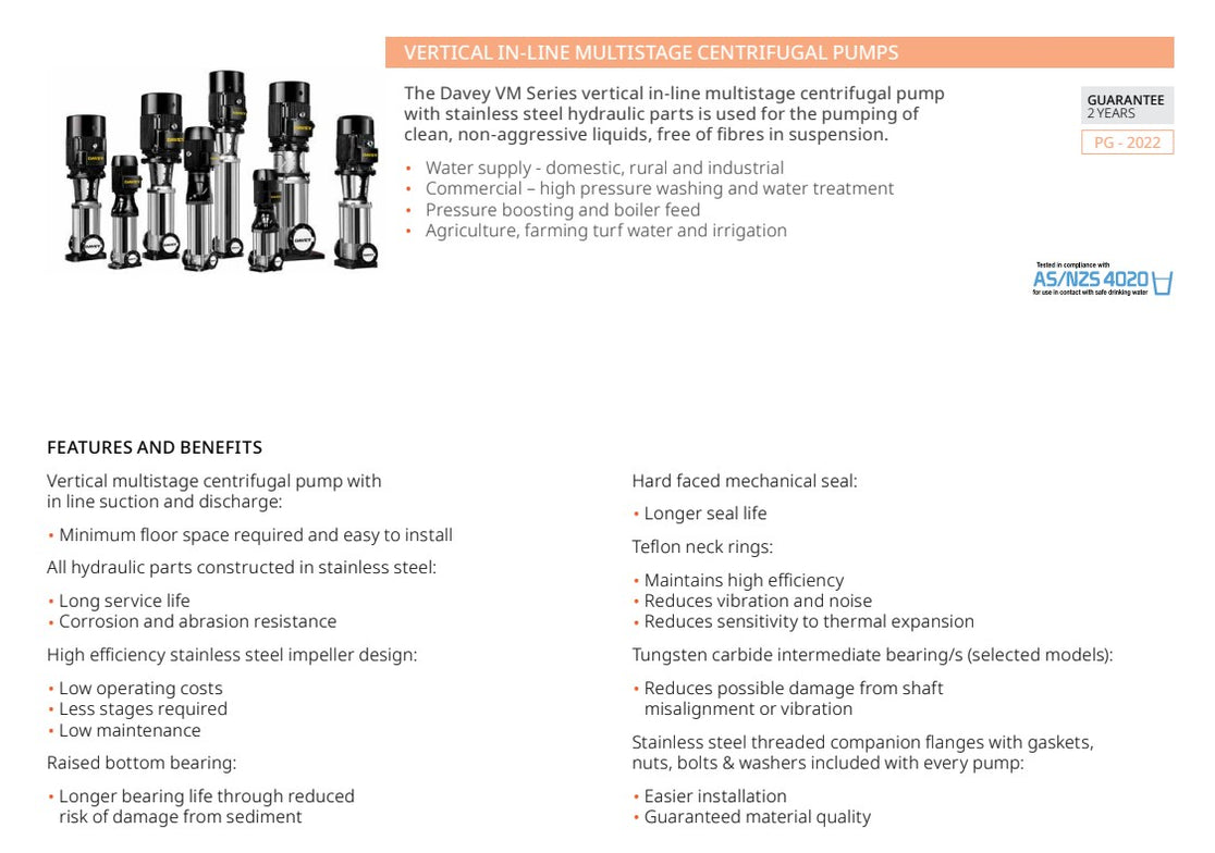 Davey VM10 Series 304 Stainless Steel Vertical Multistage Pumps | Shop ...