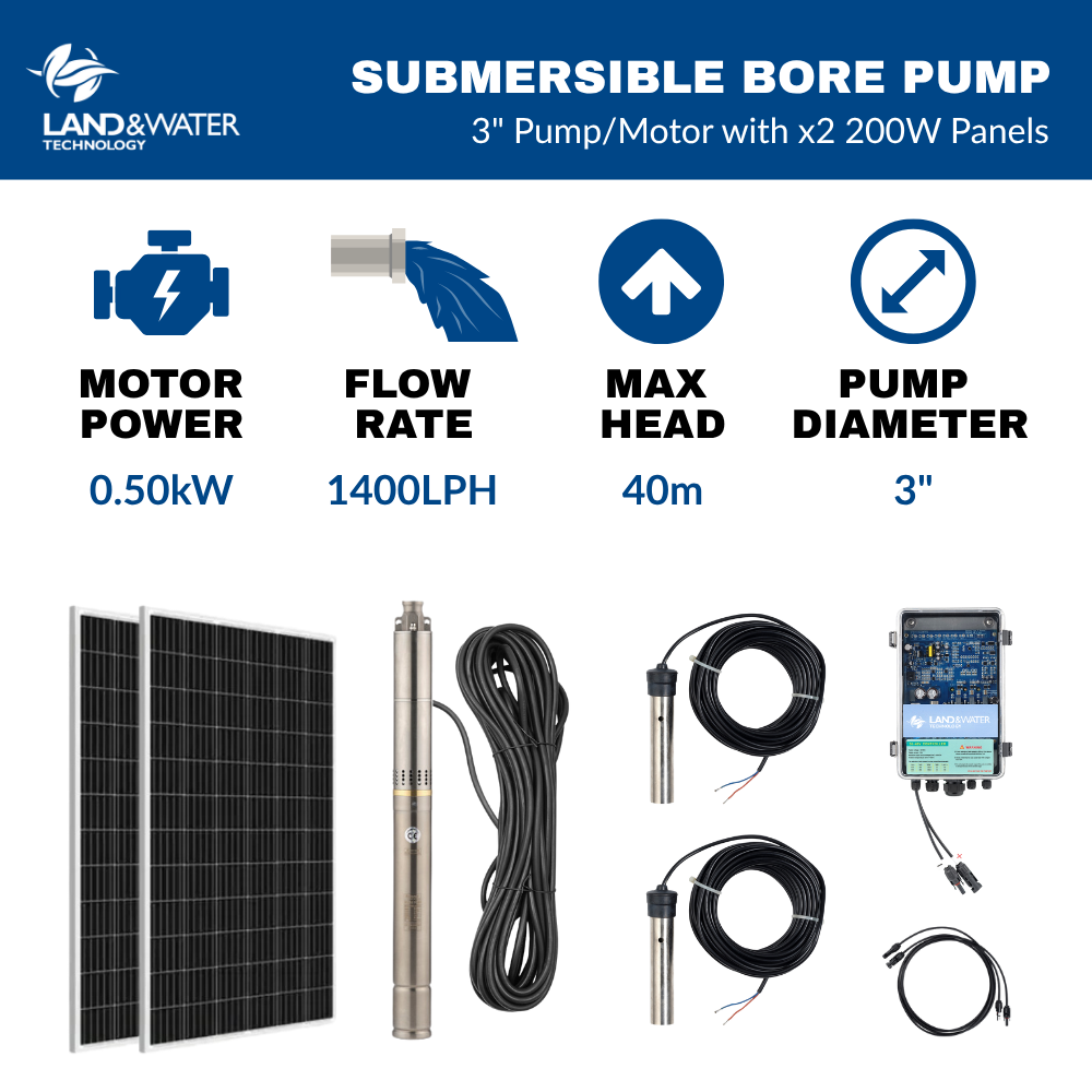 3" 0.5kW Solar Bore Pump Kit with x2 Solar Panels | Shop Online