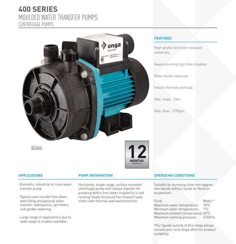 Onga 400 Series HI-Flo Corrosion Resistant Centrifugal Pumps | Shop Online