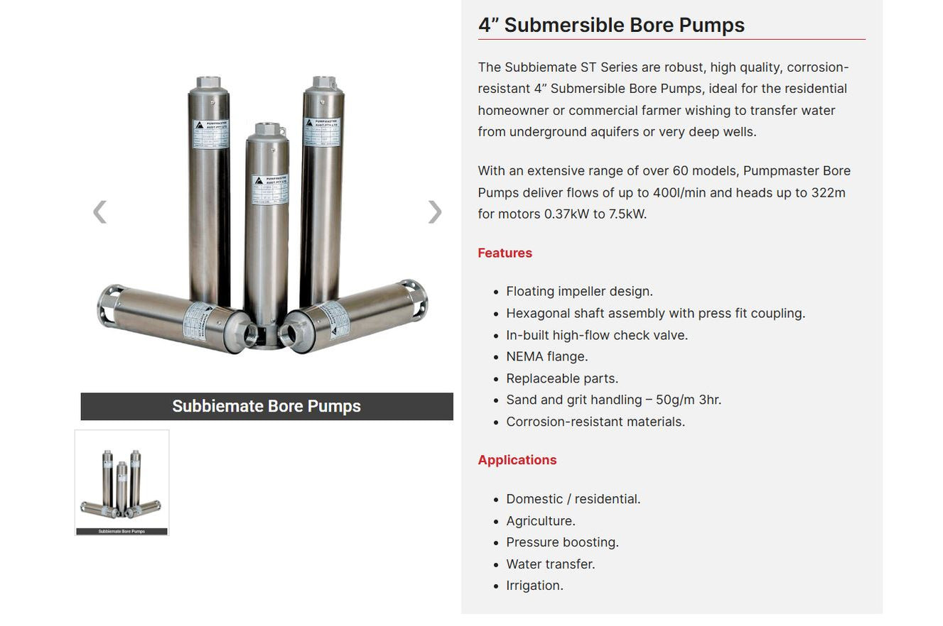 Pumpmaster Subbiemate ST-18 Series 4" Submersible Bore Pumps | Shop Online