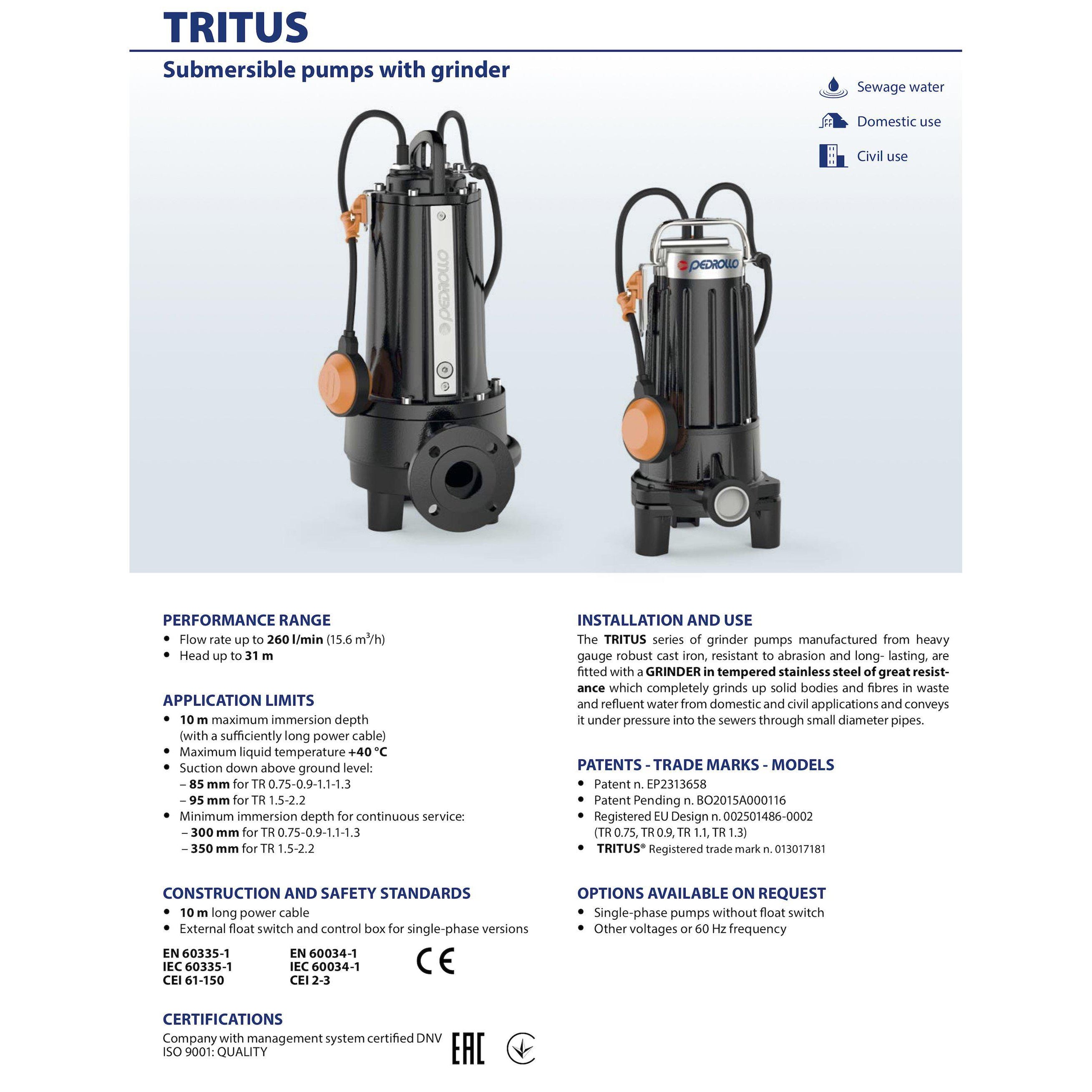 Pedrollo Tritus Submersible Drainage Wastwater Pumps with Grinder (Max