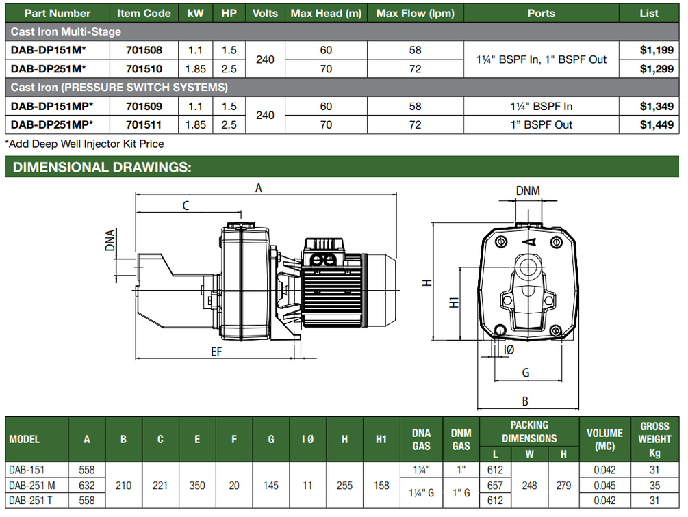 DAB DP Series Centrifugal Deep Well Pumps with Pressure Switch | Shop ...