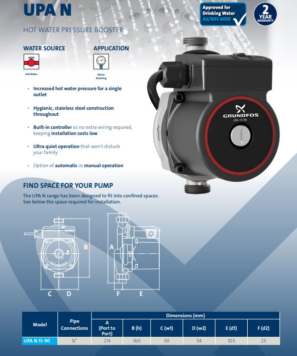 Grundfos UPA15-90N Hot Water Pressure Booster Pump